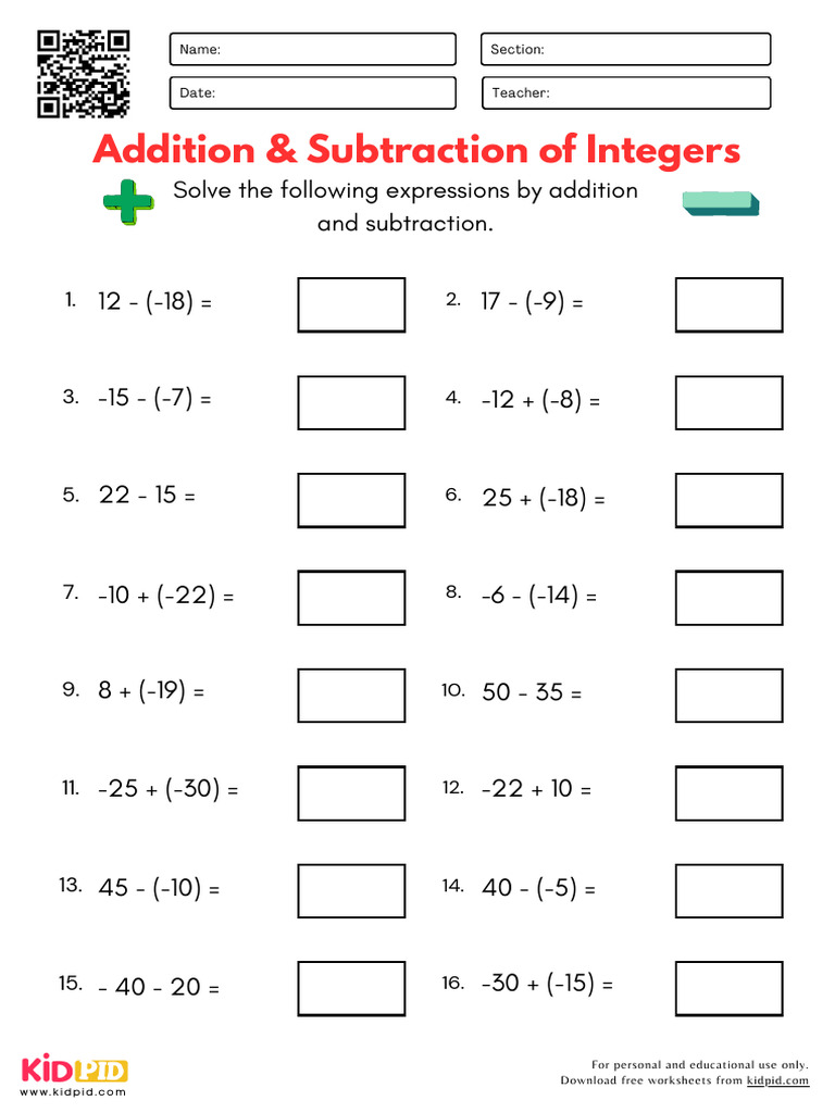 2 Term Addition and Subtraction of Integers Worksheet for Grade | PDF ...