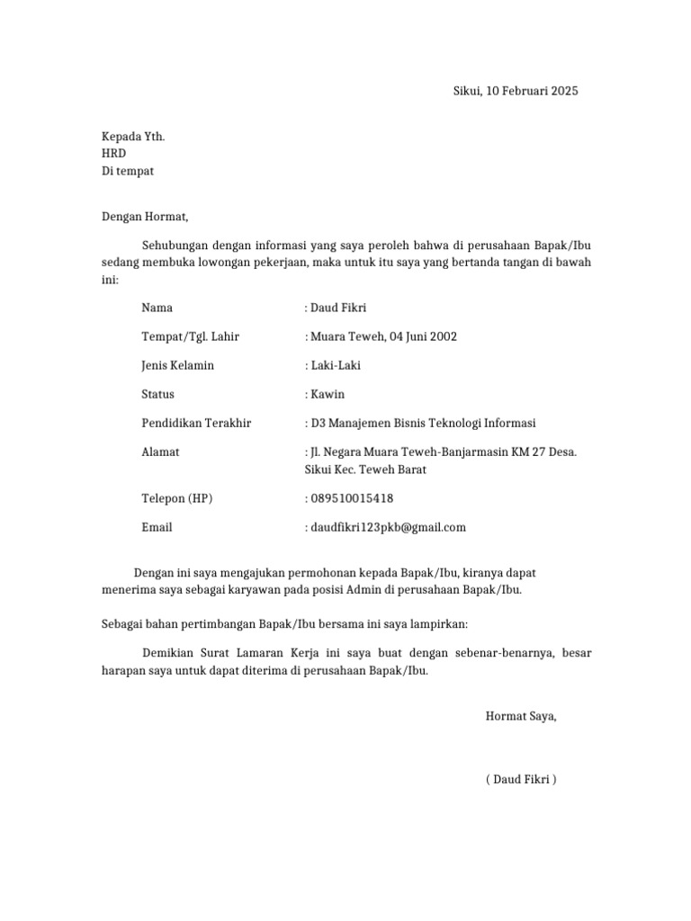 Surat Lamaran Daud Fikri | PDF