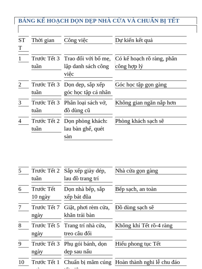 Bang Ke Hoach Don Dep Va Chuan Bi Tet | PDF