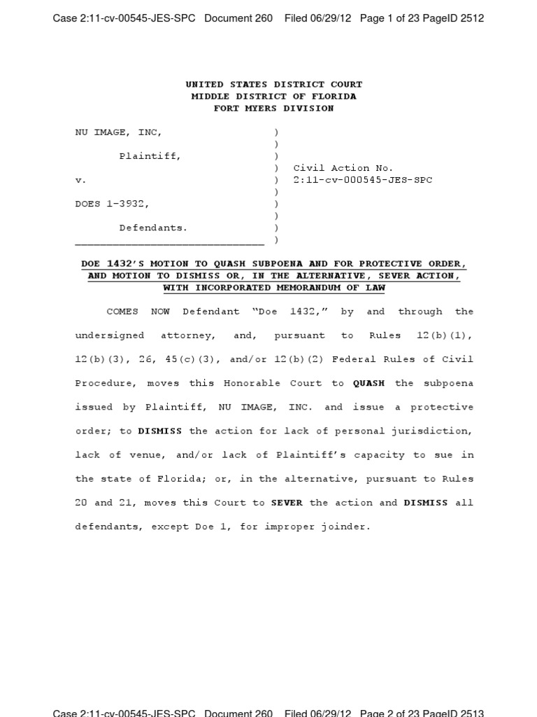 260 Doe 1432 Motion To Quash Protective Order Dismiss Sever PDF | PDF ...