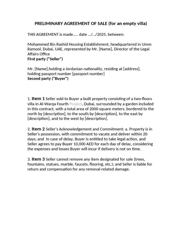 Preliminary Agreement of Sale | PDF