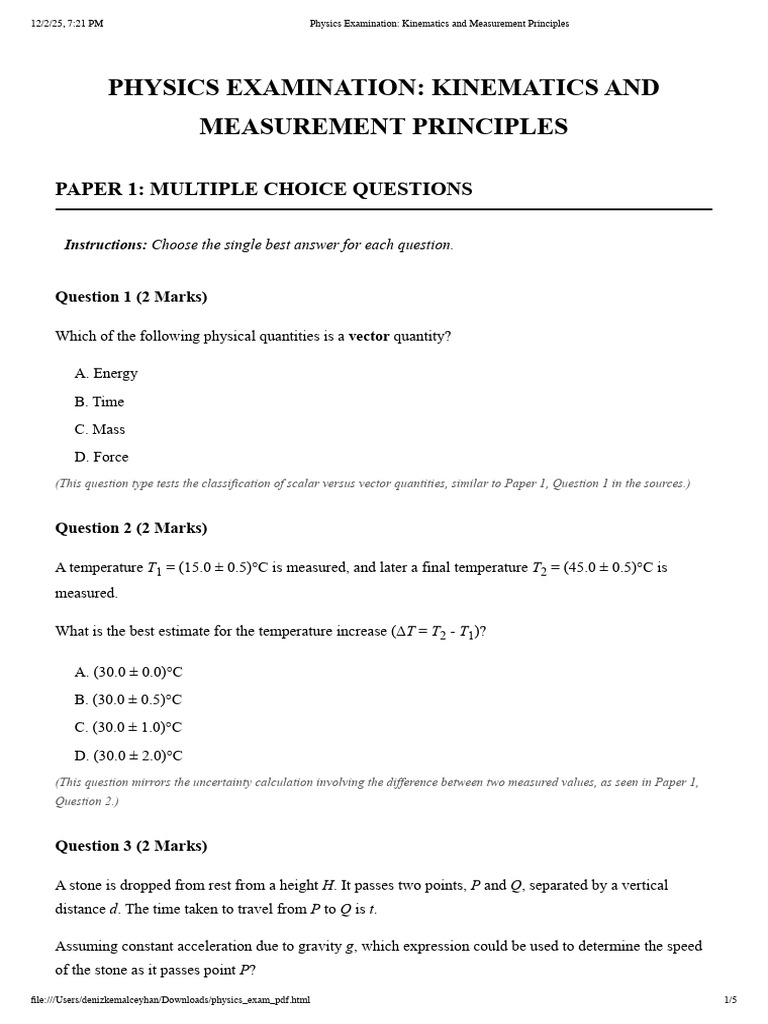 Physics Examination - Kinematics and Measurement Principles | PDF ...