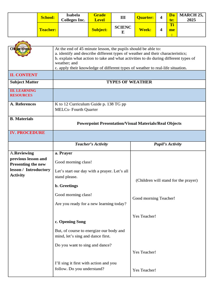 Sample Science Lesson Plan | PDF | Sky | Teachers