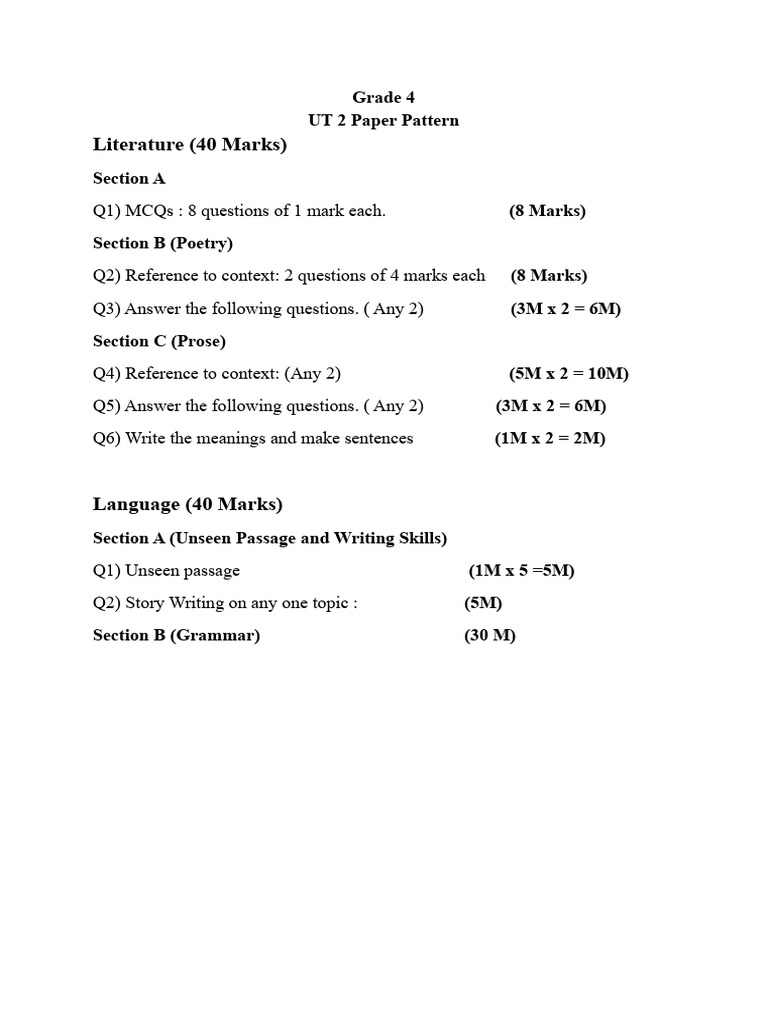 Grade 4 UT 2 Paper Pattern | PDF