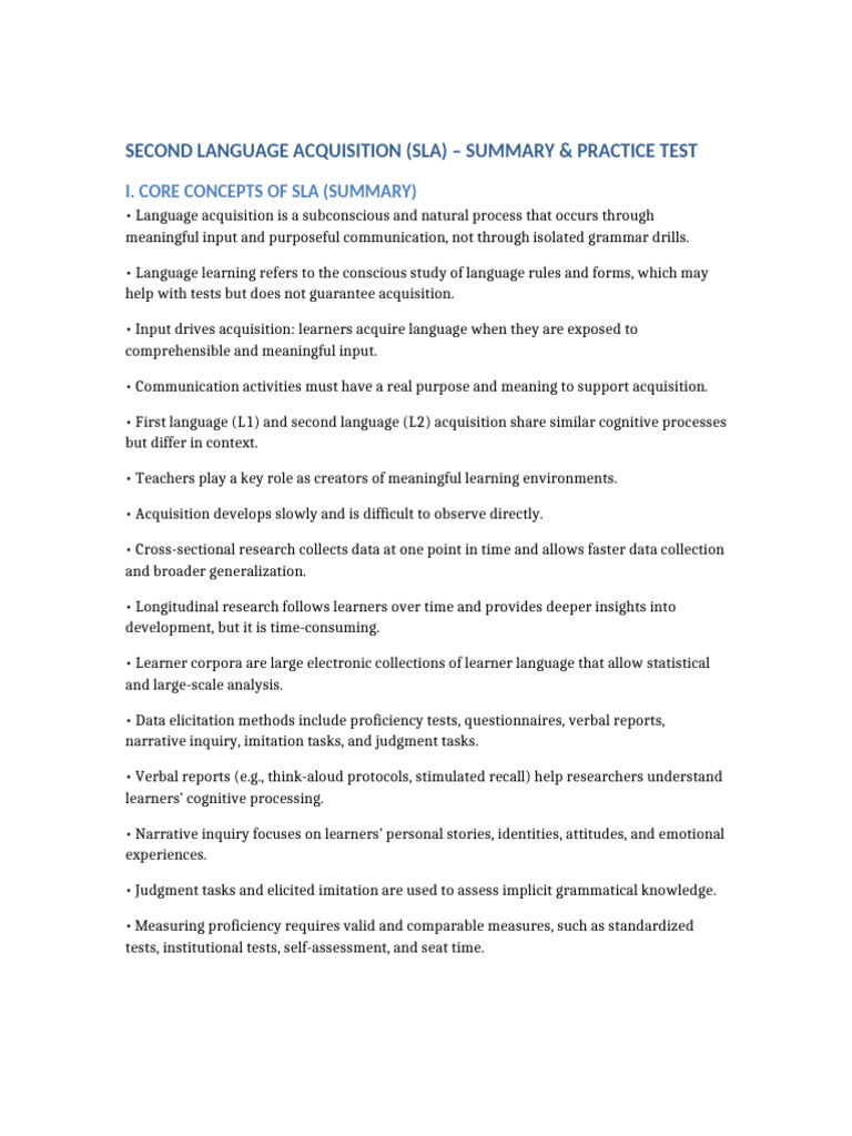 SLA Summary and Practice Test | PDF | Second Language Acquisition ...