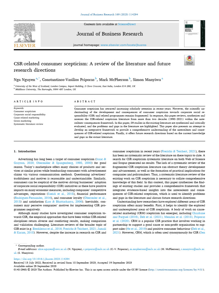 CSR-related Consumer Scepticism a Review of the Literature and Future ...
