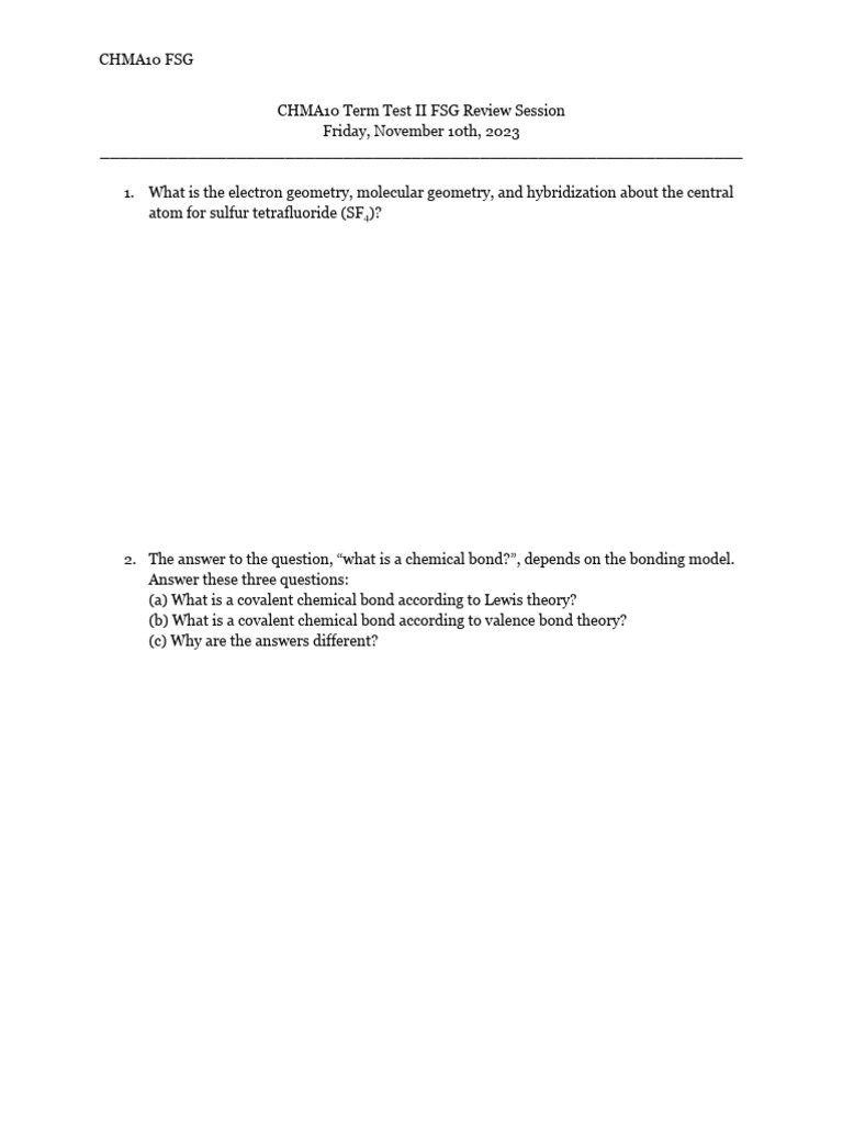 CHMA10 Term Test II FSG Review Worksheet | PDF | Chemical Bond | Chemistry
