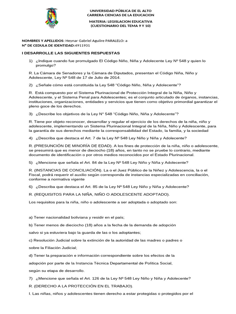 CUESTIONARIO-TEMA-9-AL-10-EDUCACION (1) (2) | PDF | Adopción | Demanda judicial
