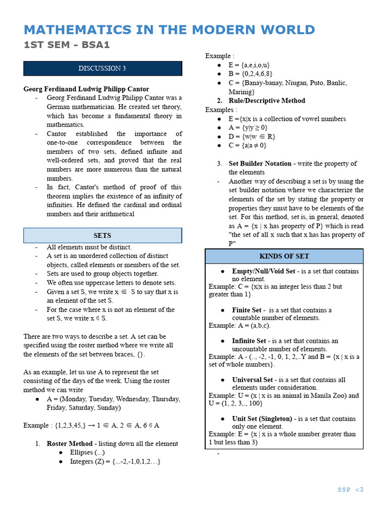 Bsa1 Notes - Mathematics in the Modern World | PDF | Set (Mathematics ...