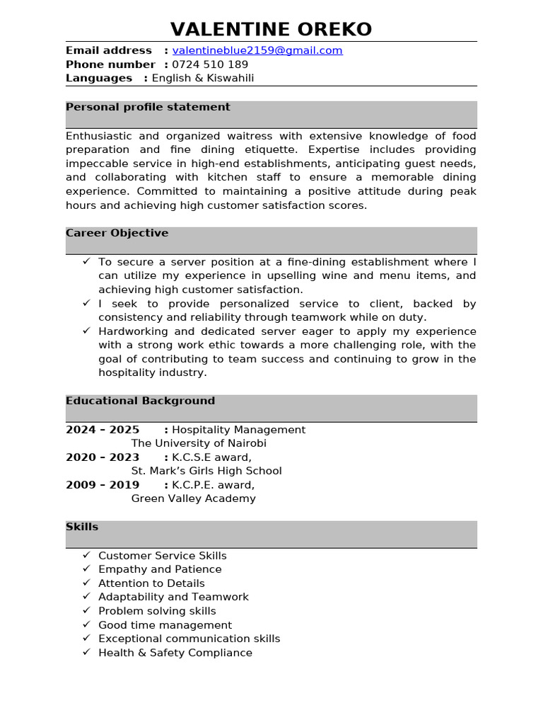 Valentine Oreko Cv | PDF | Waiting Staff | Menu