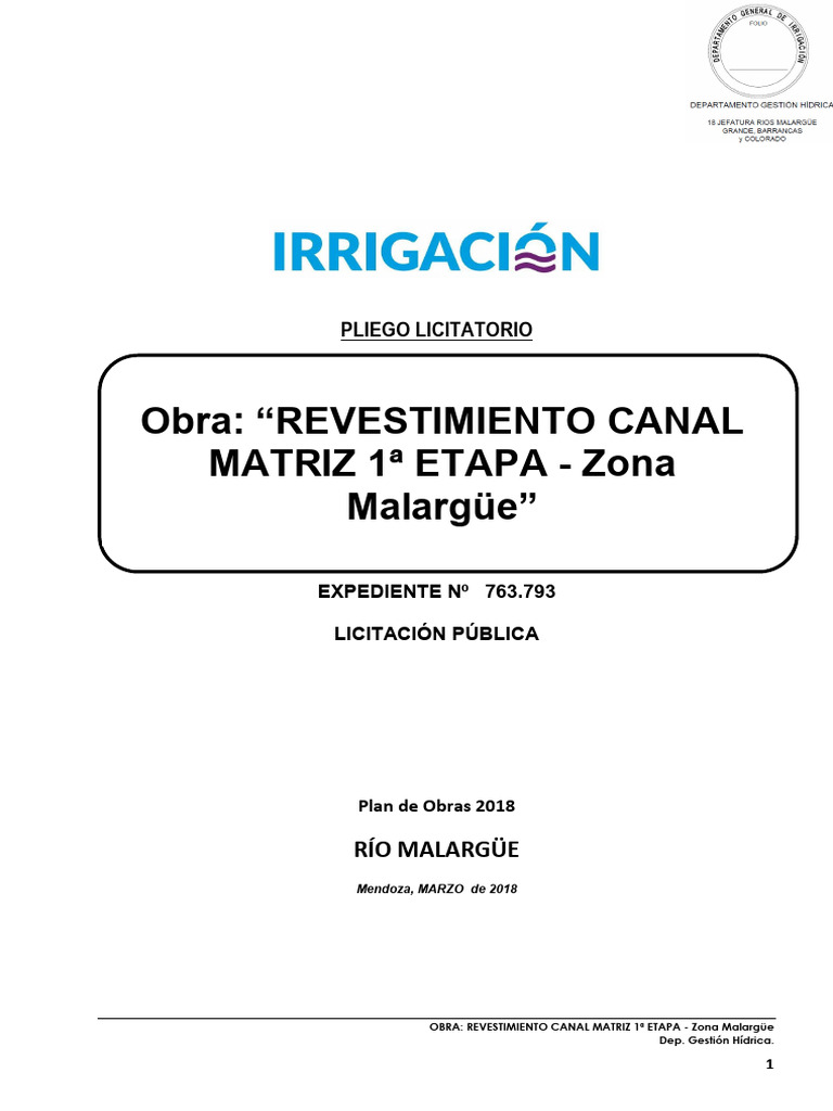 Pliego Revest. Canal Matriz 1a Etapa Web | PDF | Hormigón | Agua