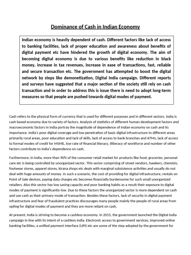 Dominance of Cash in Indian Economy | PDF | Cash | Legal Tender