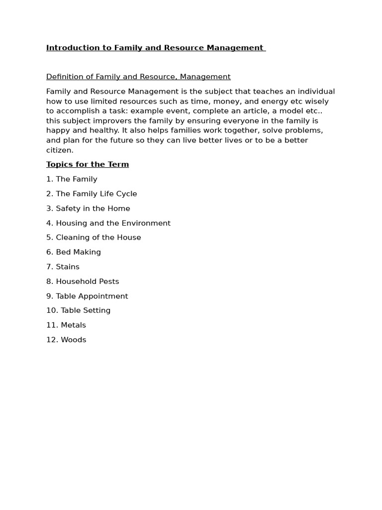 Introduction To Family and Resource Management | PDF