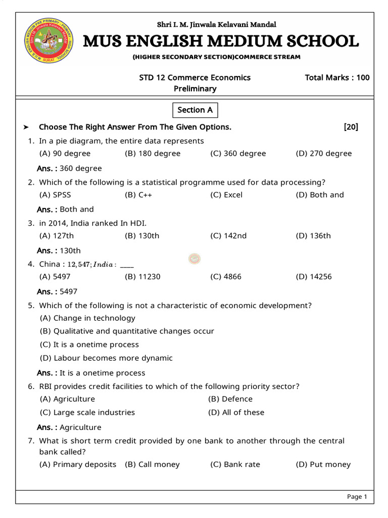 STD 12 Eco Prelims - Solution | PDF | Inflation | Unemployment
