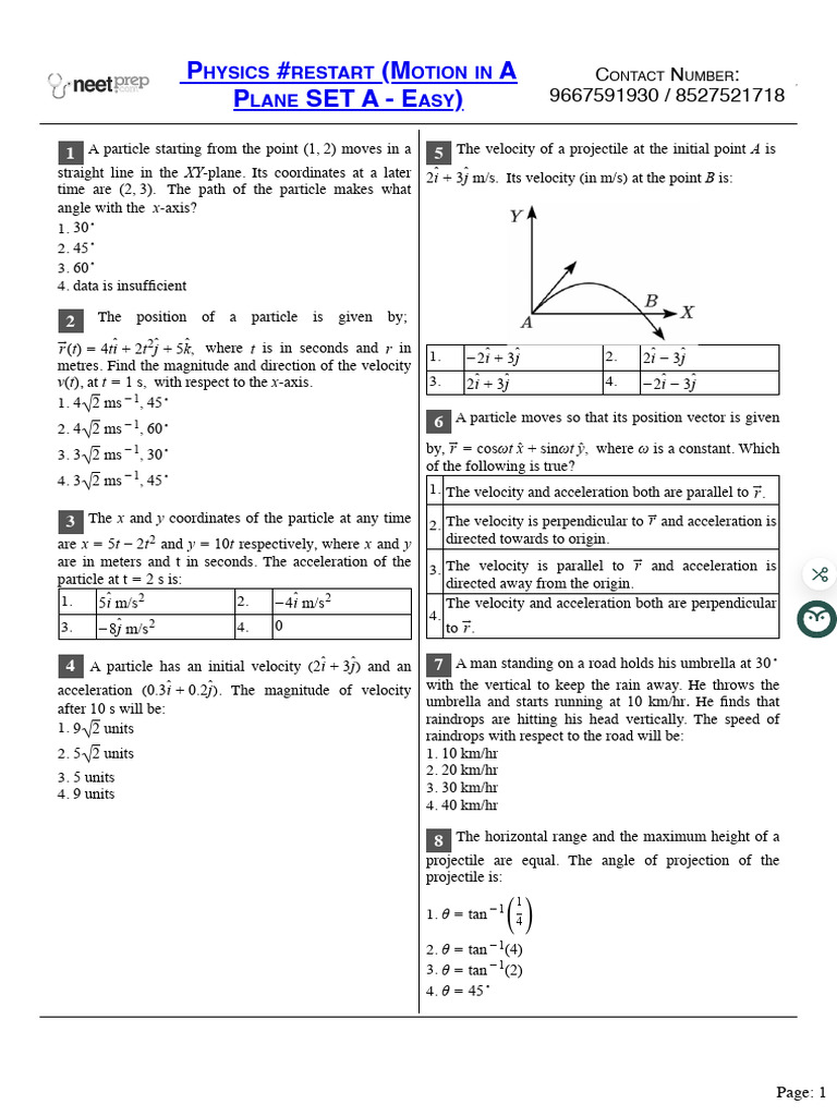 Physics #Restart (Motion in A Plane SET A - Easy) - 251030 - 082836 ...