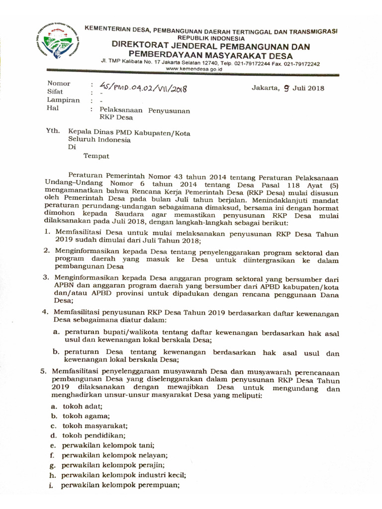 Surat Pelaksanaan Penyusunan RKPDes | PDF