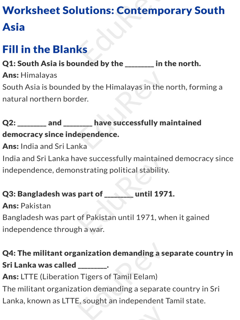 Worksheet Solutions - Contemporary South Asi | PDF | South Asia | Sri Lanka