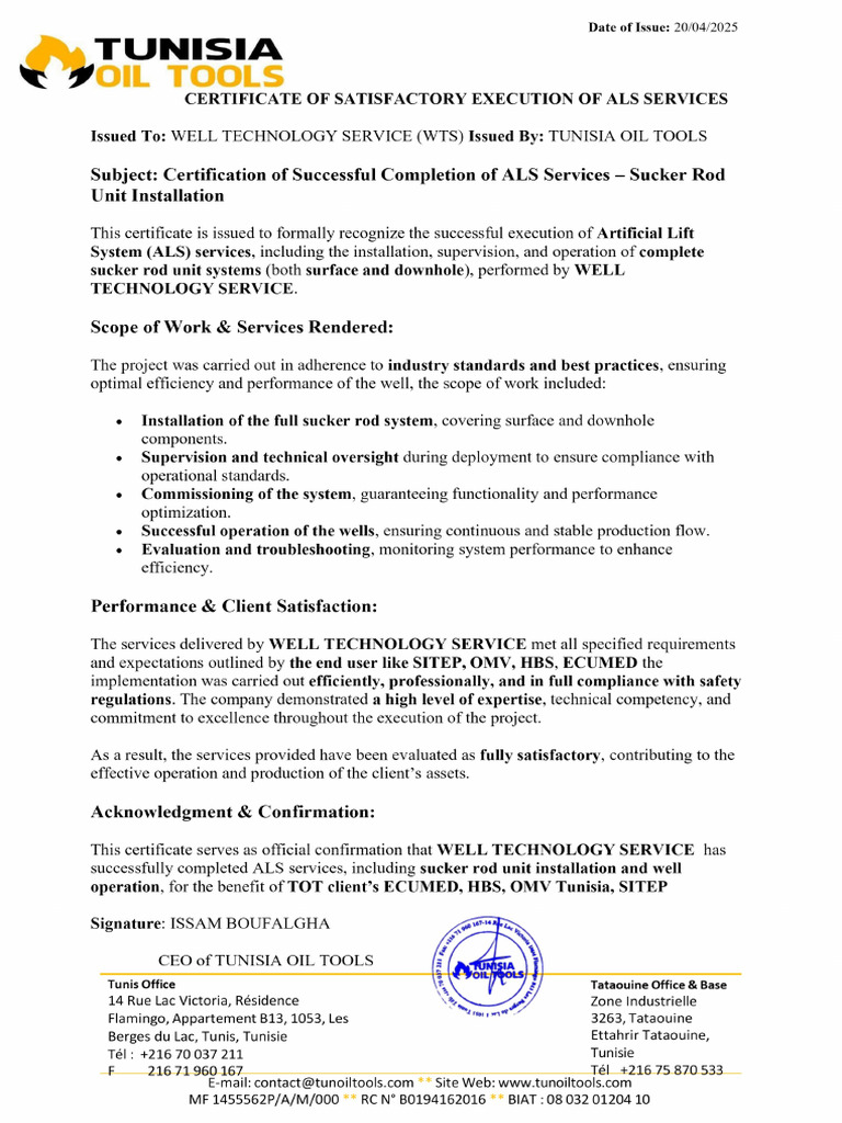 Certificate of Satisfactory Execution of Als Services | PDF