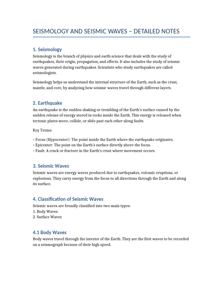 Seismology and Seismic Waves Detailed Notes | PDF | Seismology | Waves
