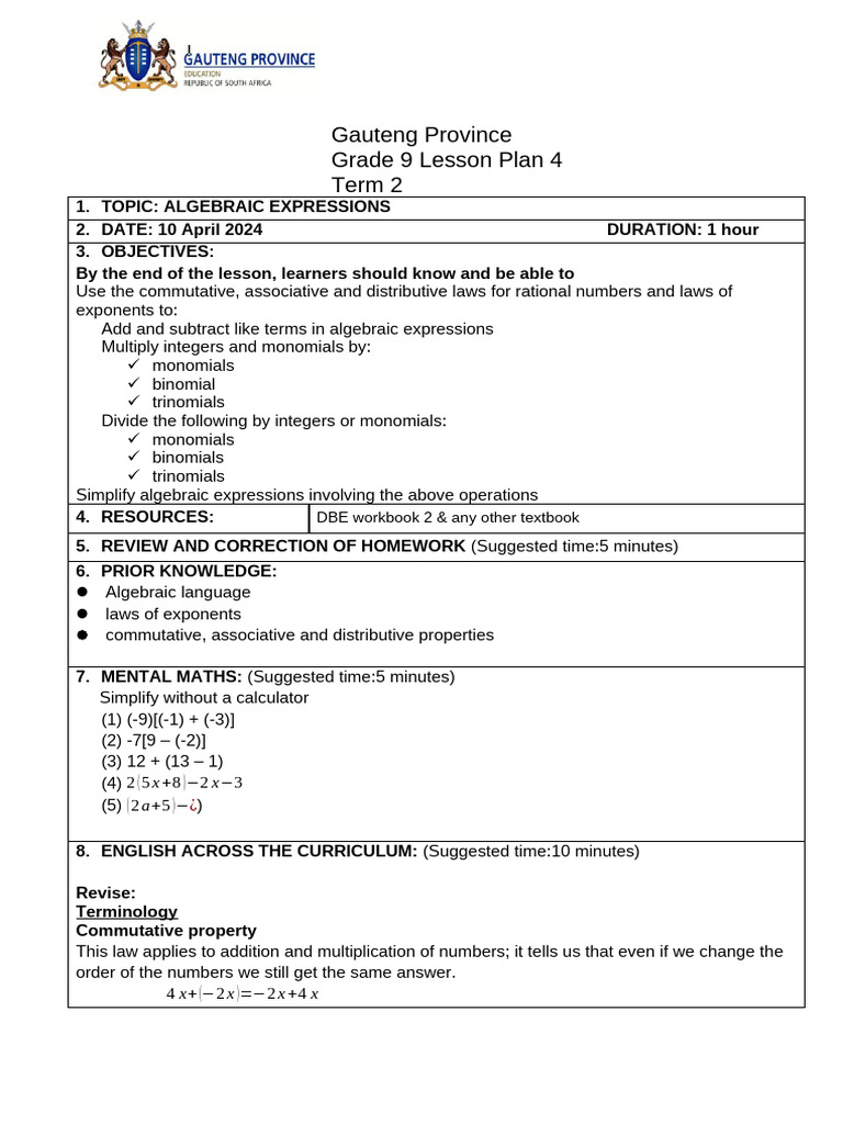Grade 9 Term 2 Algebraic Expressions Algebraic Language (Lesson Plan 4 ...