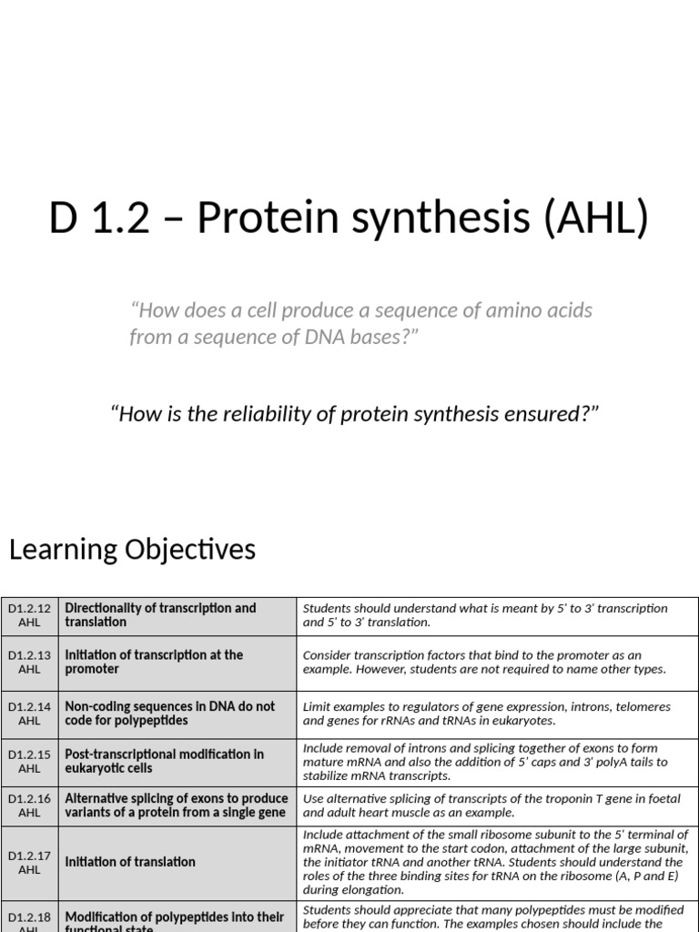 D 1.2 HL Protein Synthesis | PDF | Translation (Biology ...