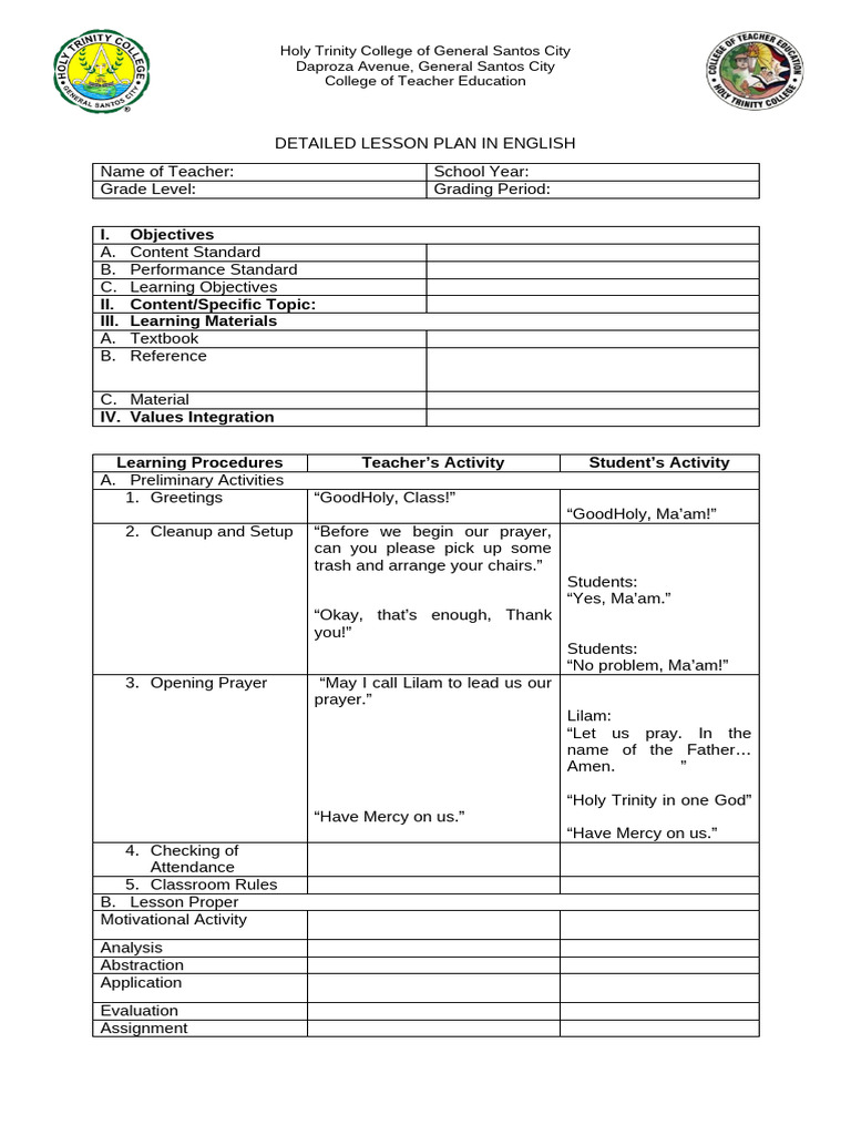 Detailed Lesson Plan Format | PDF | Lesson Plan | Prayer