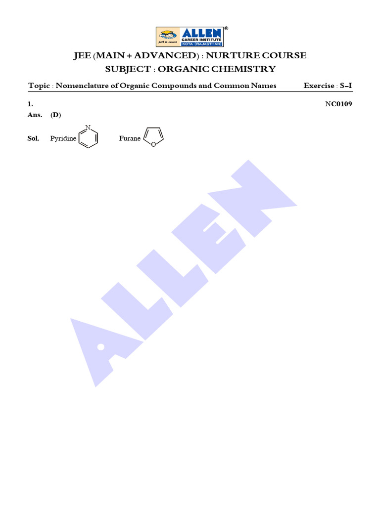 Organic Chemistry Nomenclature Nomenclature and Common Names Exercise ...
