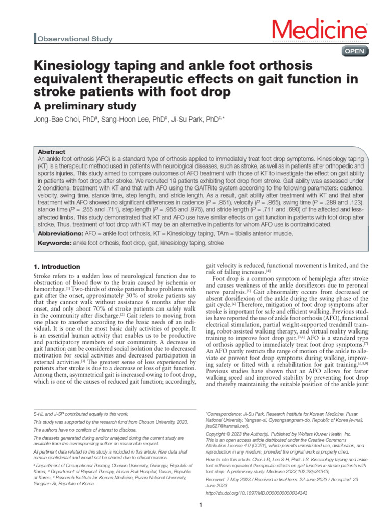 Kinesiology Taping and Ankle Foot Orthosis Equivalent Therapeutic ...