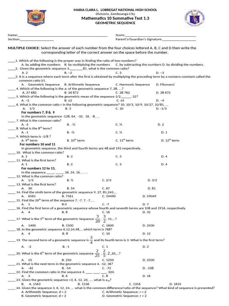 Math 10 Summative Test 1.3 Geometric Sequence | PDF | Multiplication ...