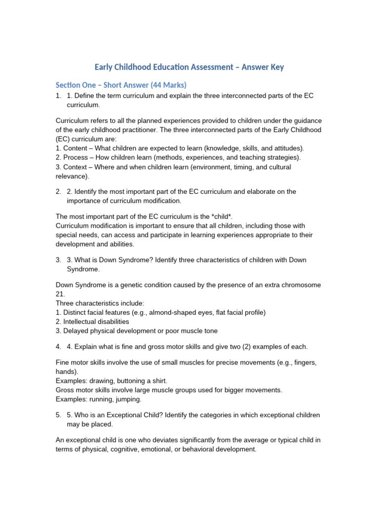 Early Childhood Education Assessment Answered | PDF | Learning | Disability