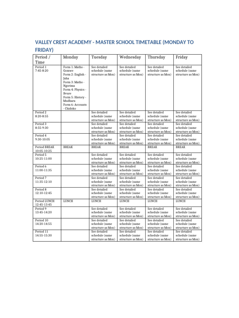 Valley Crest Master Timetable | PDF