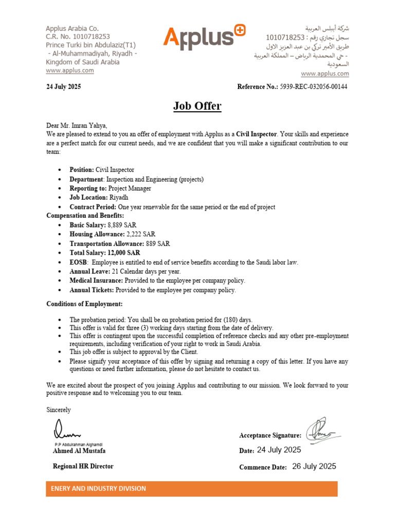 Job Offer Letter - Imran Yahya - Signed | PDF | Employment | Business