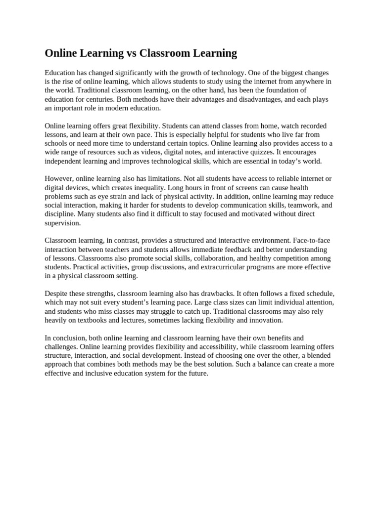 Online Learning Vs Classroom Learning | PDF | Educational Technology ...