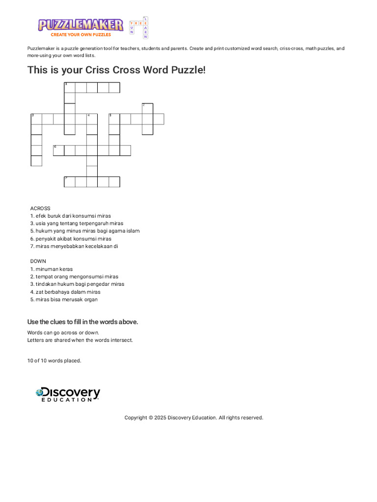 Criss Cross Puzzle - Discovery Education Puzzlemaker | PDF