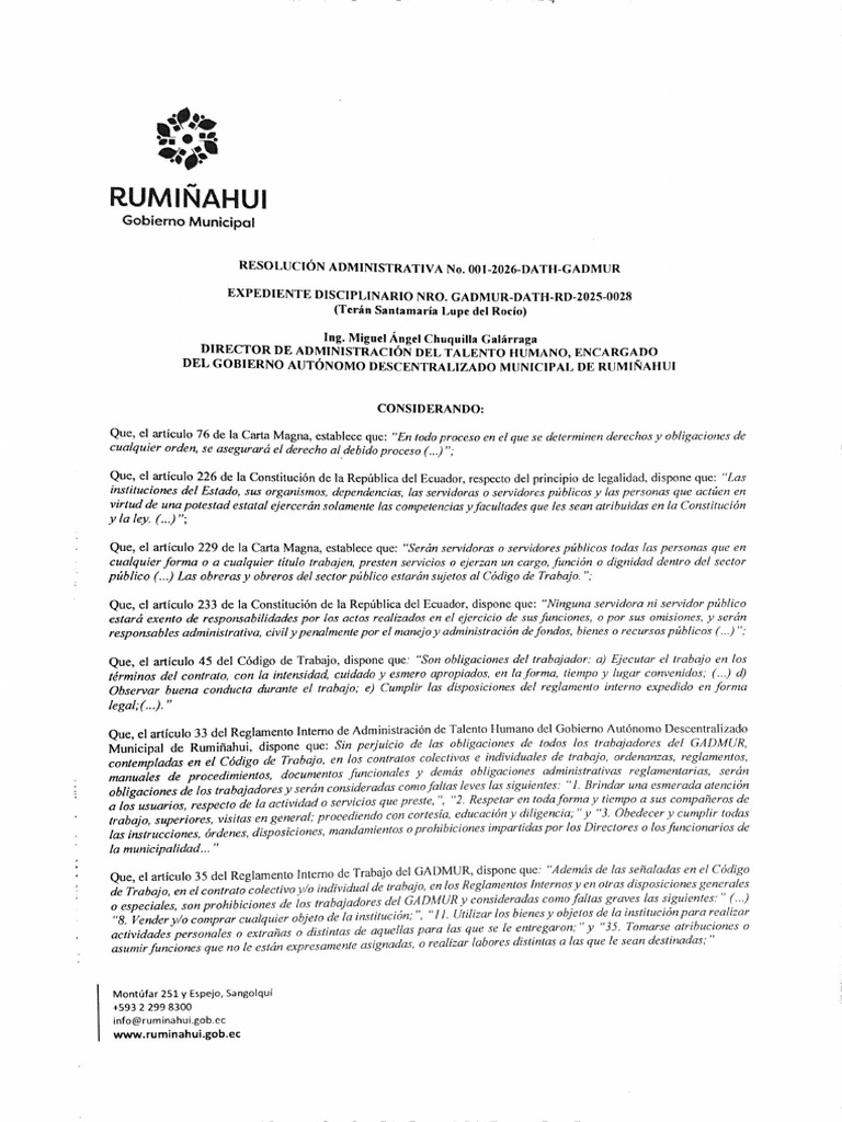 Resolución Administrativa No. 001 2026 DATH GADMUR | PDF