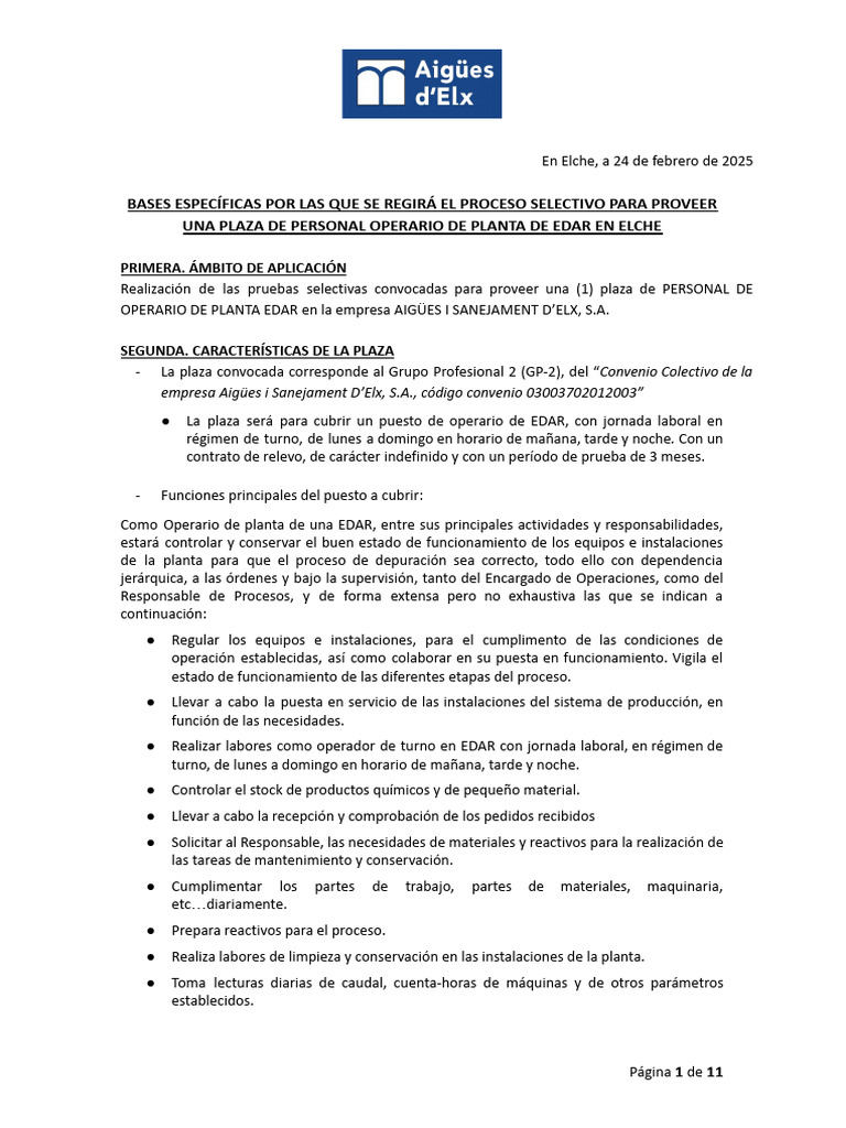 Bases Personal Operario Planta EDAR AISE | PDF | Gestión de recursos humanos