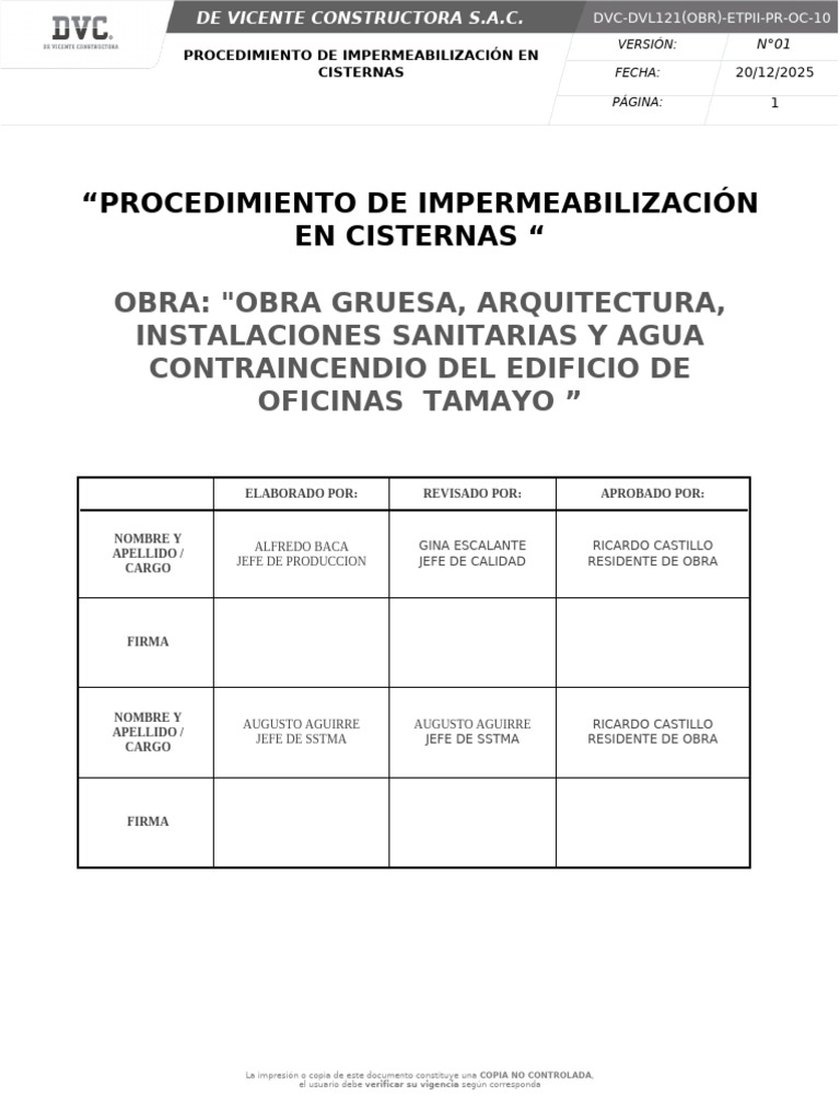 B01 DVC-DVL121(OBR)-ETPII-PR-0C-10 Procedimiento Impermeabilización de Cisterna 14.01.26 | PDF ...