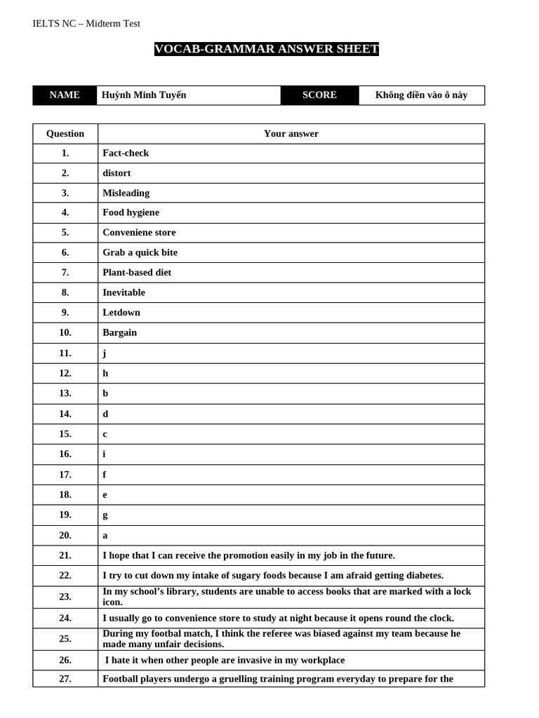 Vocab-Grammar Answer Sheet | PDF