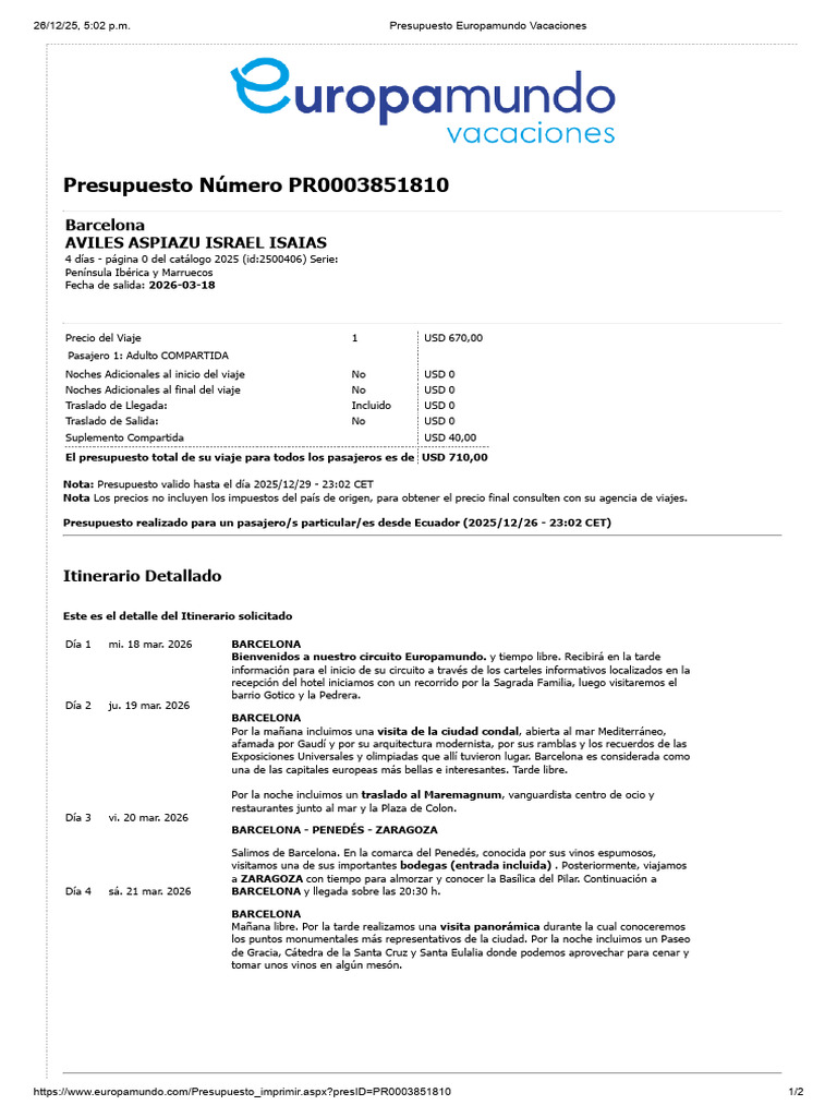 Presupuesto Europamundo Vacaciones | PDF