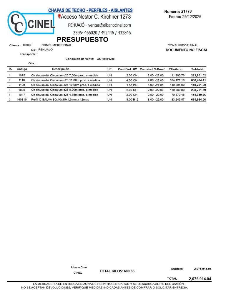 CINEL-PRESUPUESTO 021778 | PDF
