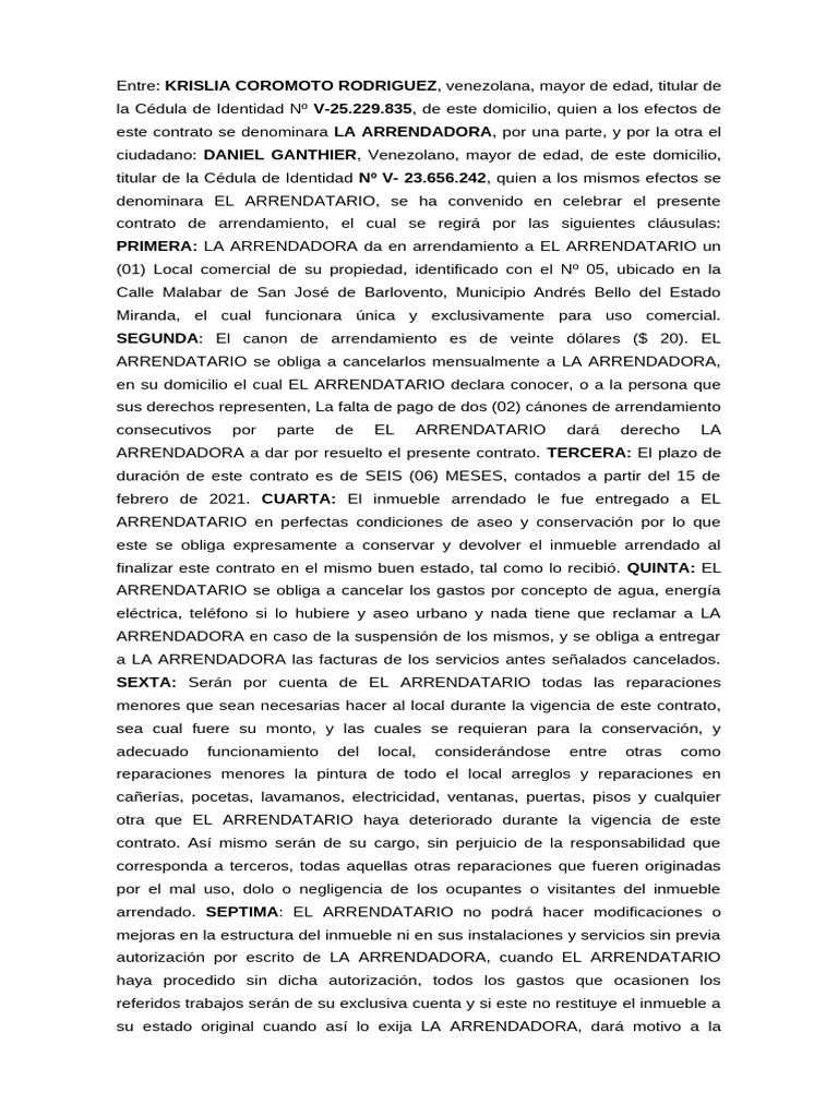 Contrato de Arrendamiento Haitiano Daniel Ganthier | PDF | Daños y ...