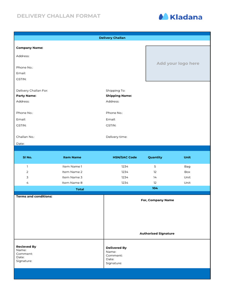 Delivery Challan Template Option 2 Word | PDF