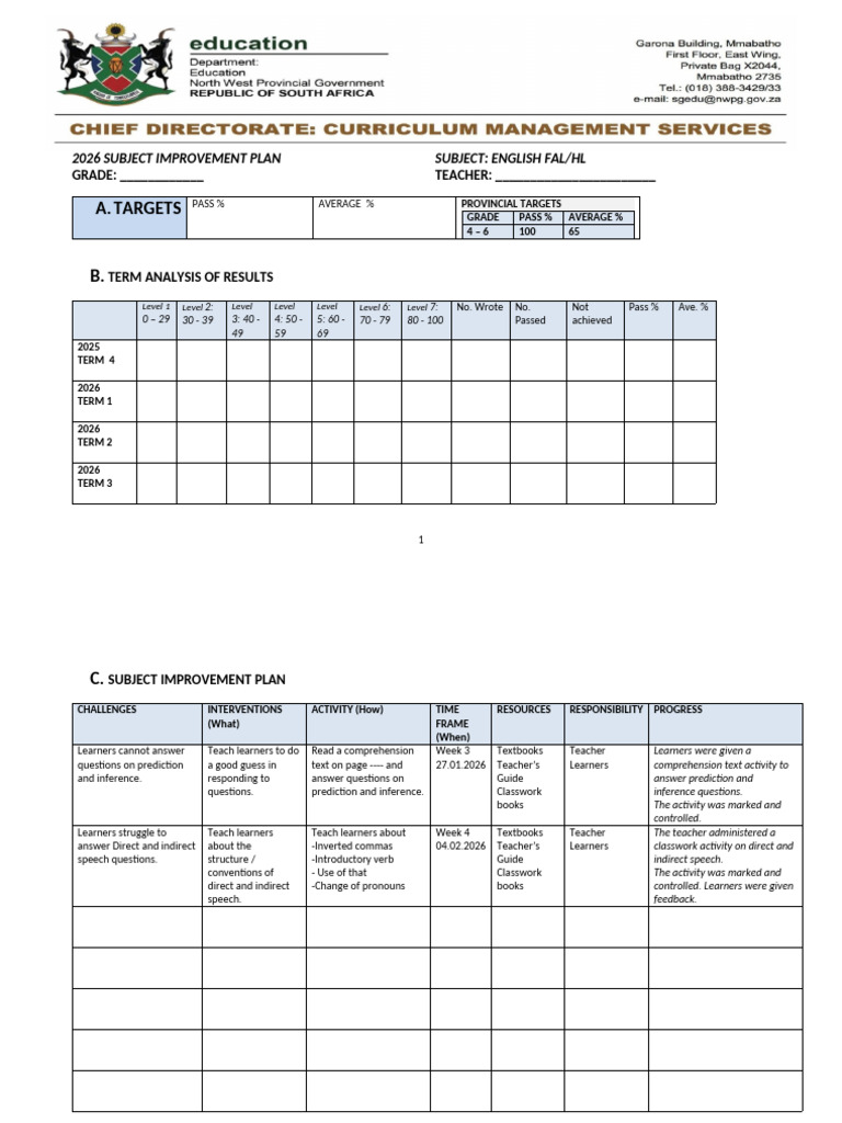 2026 Grade 4 - 6 English Subject Improvement Plan | PDF | Cognitive ...