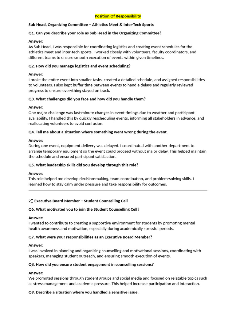 Position of Responsibility Questions | PDF | Leadership | Skill