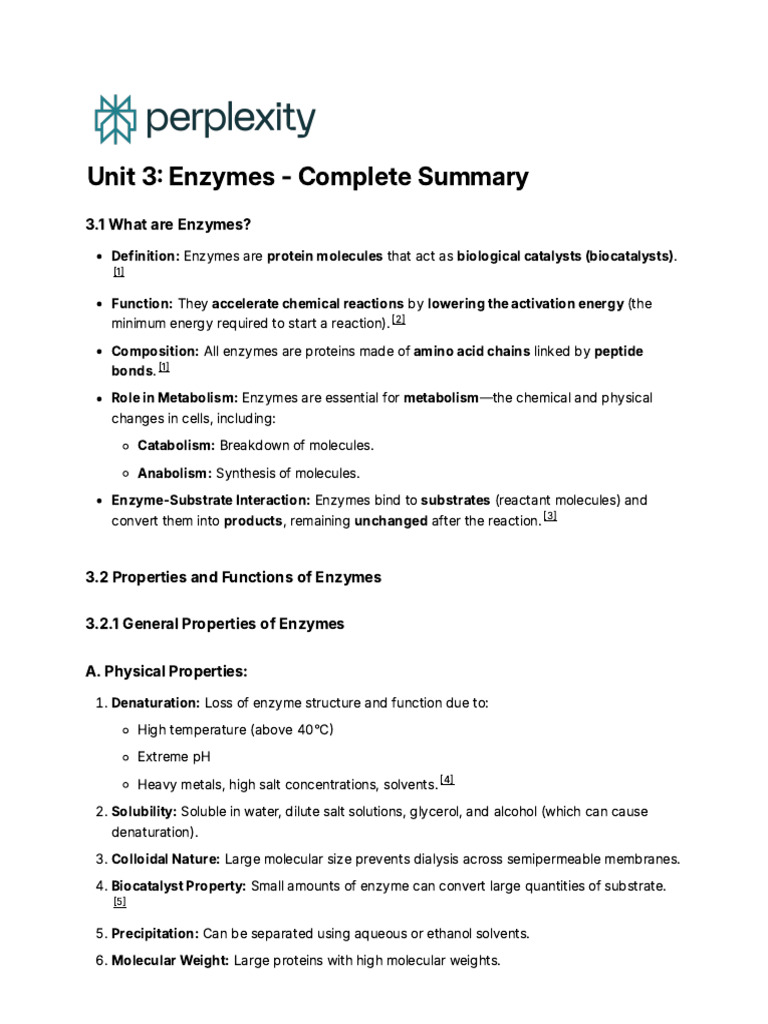 Unit 3 - Enzymes - Complete Summary | PDF | Enzyme | Active Site