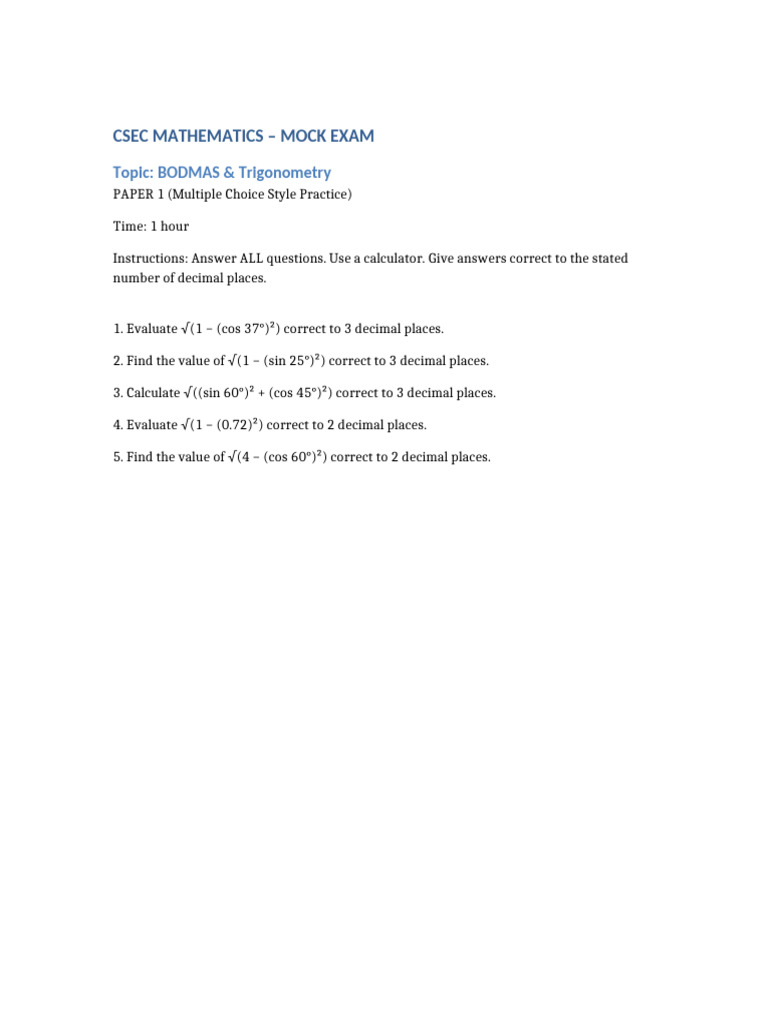 CSEC Mathematics Mock BODMAS Trigonometry | PDF