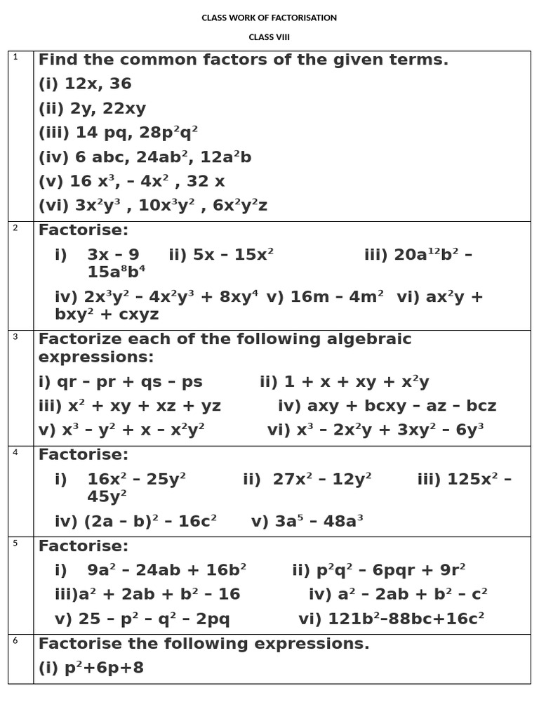 Class Work of Factorisation 2025 | PDF