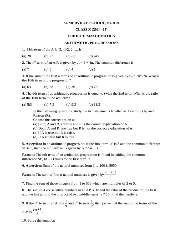 Arithmetic Progression Worksheet | PDF | Discrete Mathematics | Arithmetic