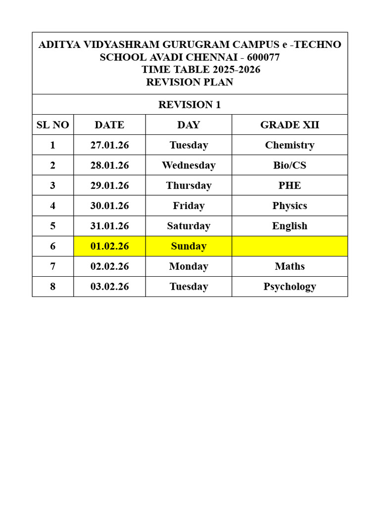Grade 12 - Revision Exam Timetable | PDF