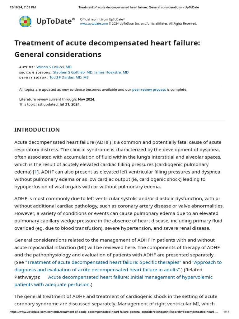 Treatment of Acute Decompensated Heart Failure - General Considerations ...